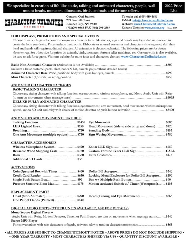 Pricing Sheets - Characters Unlimited
