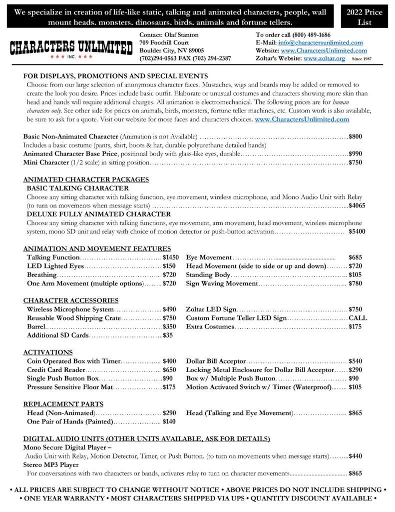 Pricing Sheets - Characters Unlimited