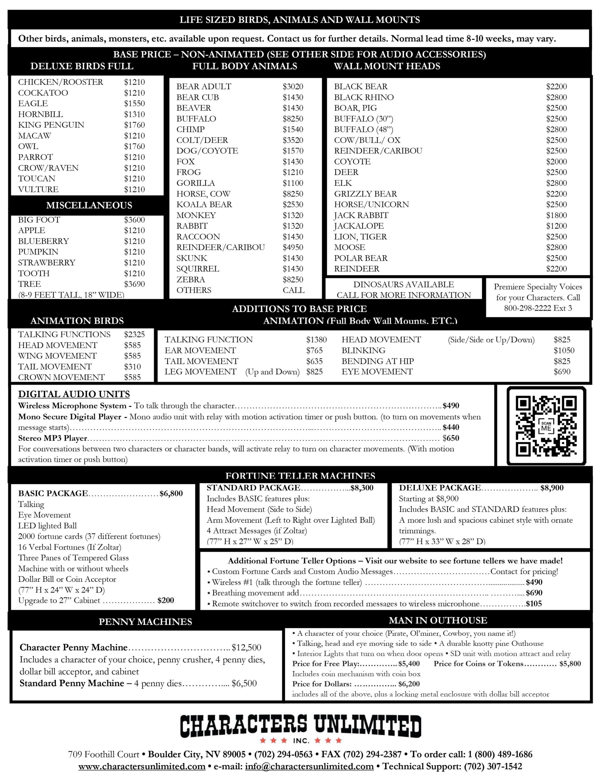 Pricing Sheets - Characters Unlimited